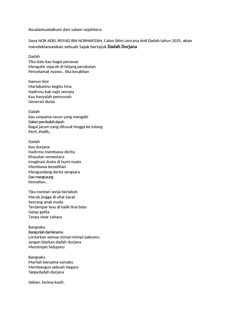 Sajak Anti Dadah: Dadah Durjana | PDF