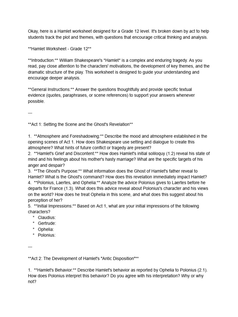 Hamlet Worksheet for Grade 12 Analysis | PDF | Hamlet