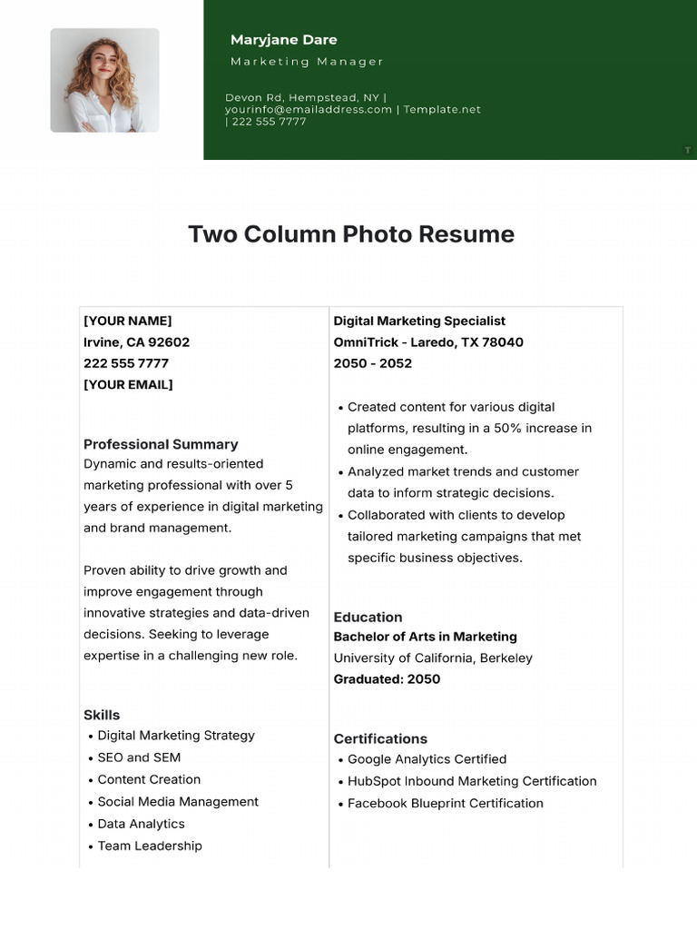 Two Column Photo Resume Template | PDF