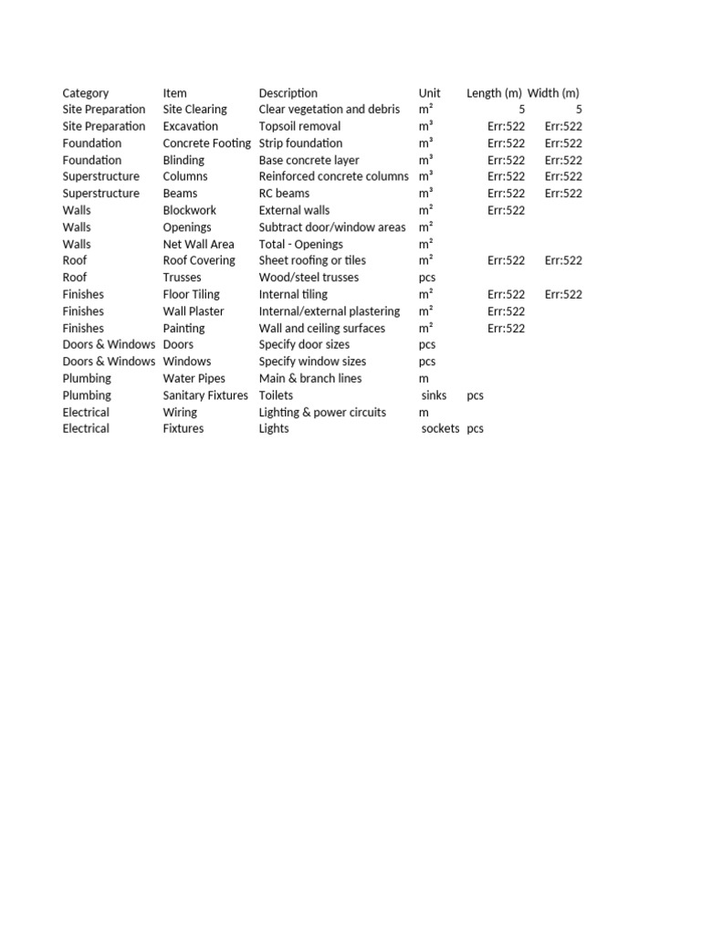 Residential Building BOQ Template Excel | PDF