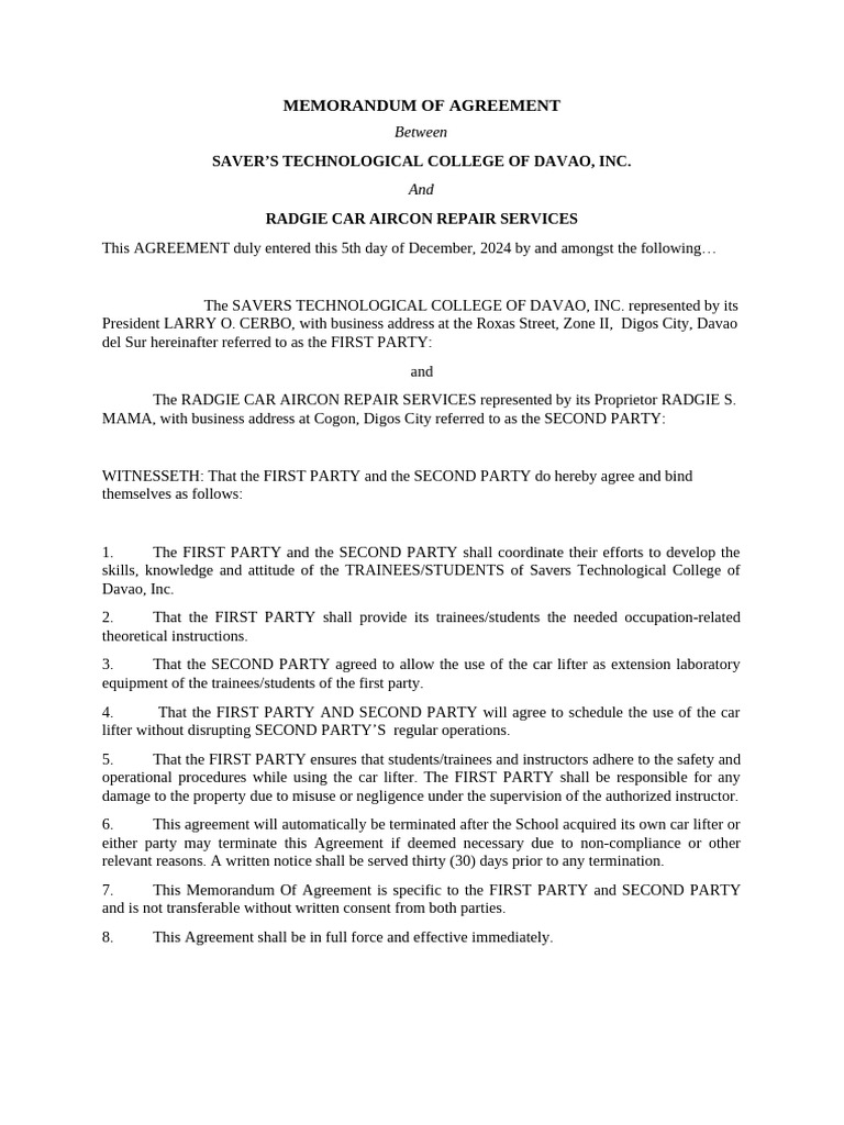 Memorandum of Agreement - Radgie | PDF