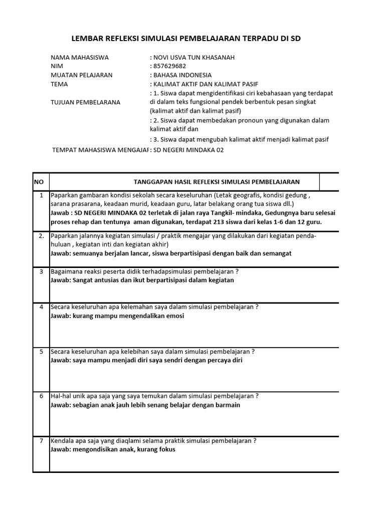 Lembar Refleksi Bahasa Indonesia | PDF