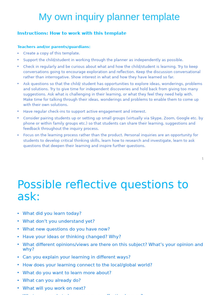 Personal Inquiry Planner Template One.v2 | PDF | Learning | Inquiry