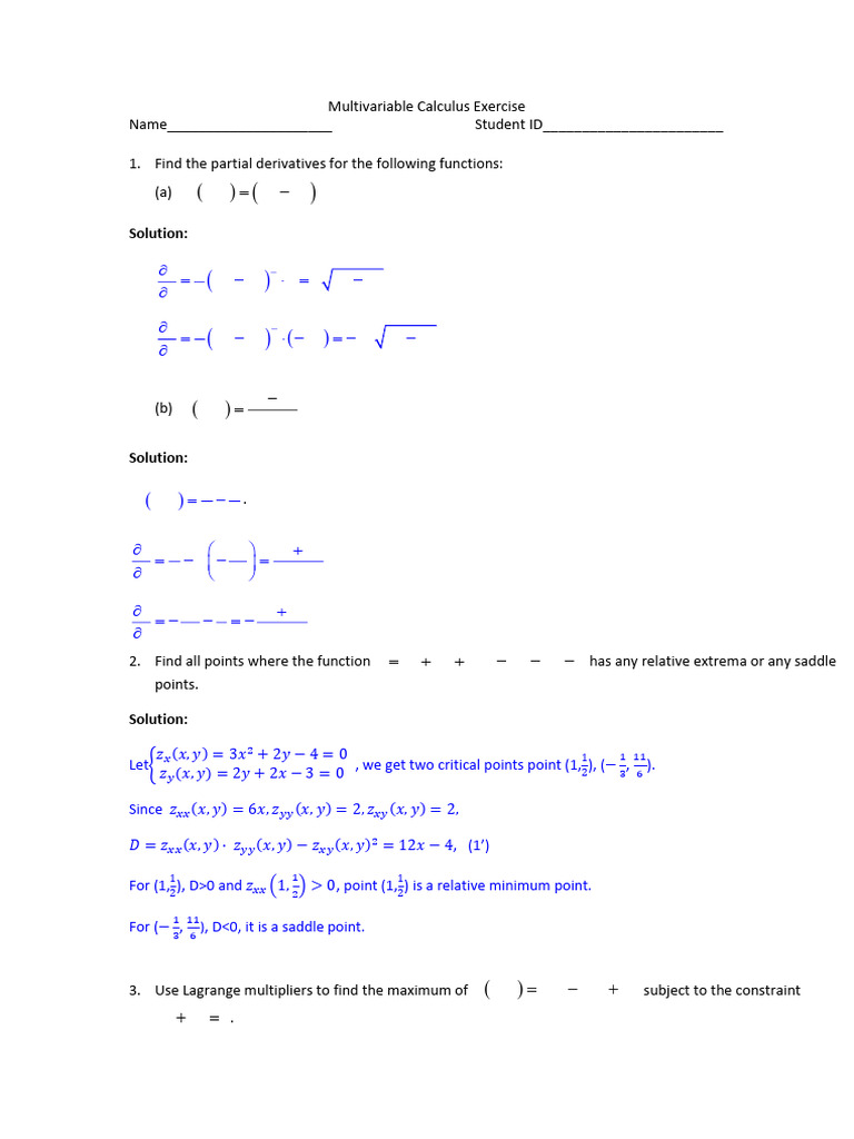 Multivariable Calculus Test Paper Solution | PDF | Mathematics ...