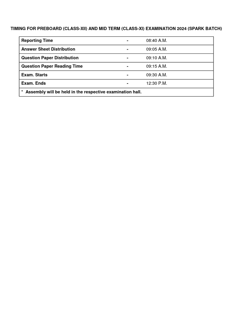 Timing For Preboard (Class-Xii) and Mid Term (Class-Xi) Examination ...