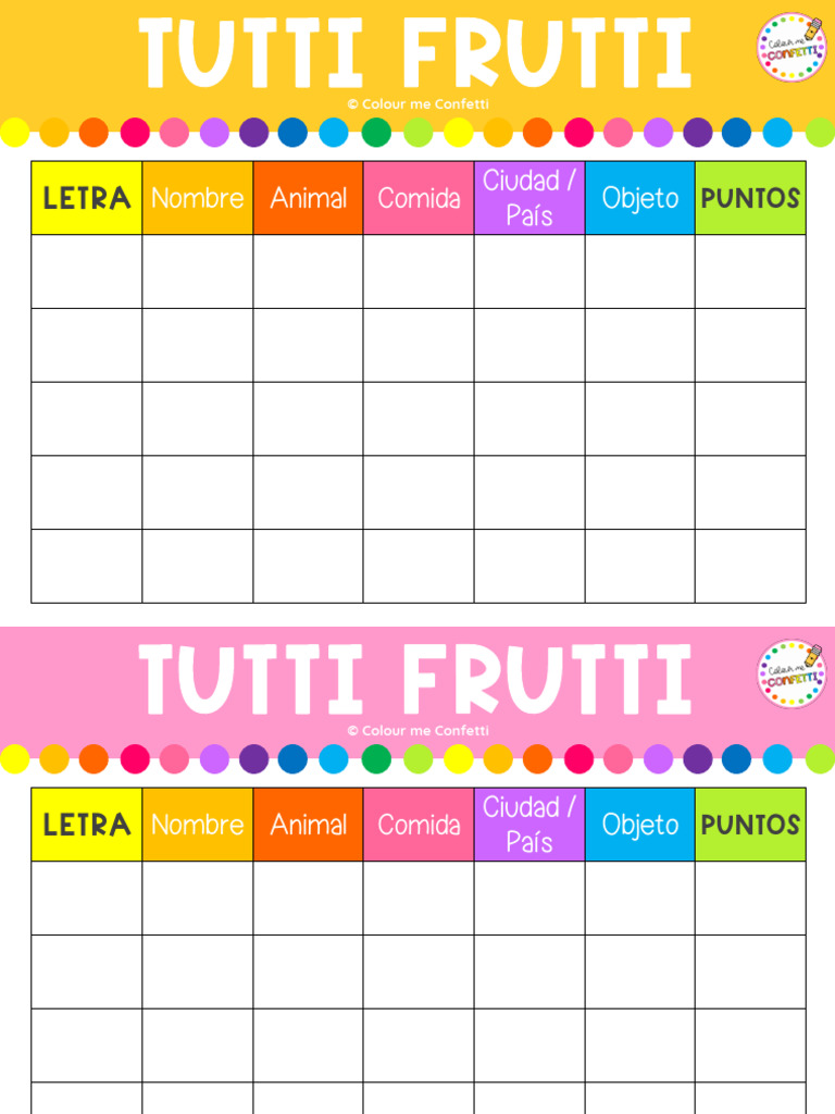 Plantilla para jugar a Tutti Frutti | PDF