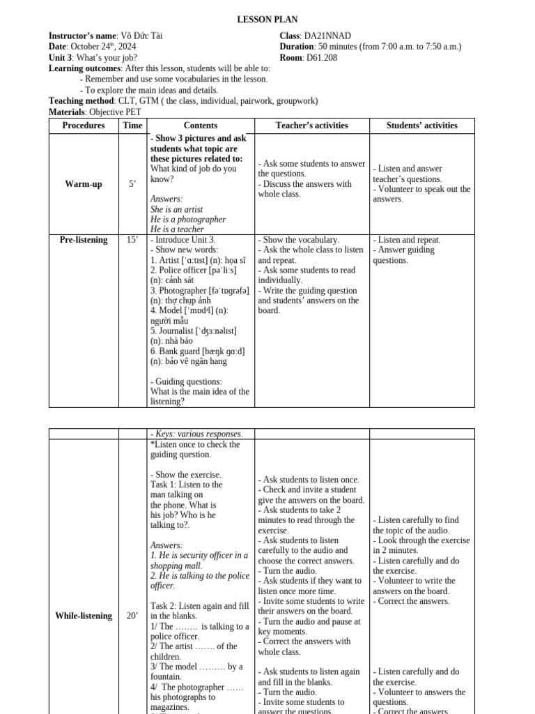 LESSON PLAN - Listening&Speaking - Đ C Tài | PDF | Lesson Plan | Learning