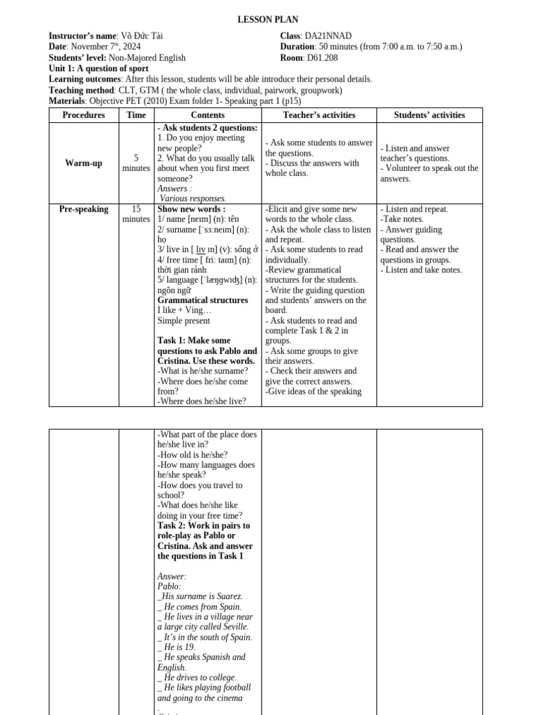 LESSON PLAN-Speaking - Đ C Tài | PDF | Education Theory | Communication