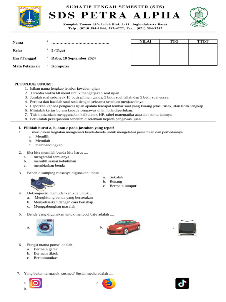 STS Informatika Kelas 3 - SD Petra | PDF