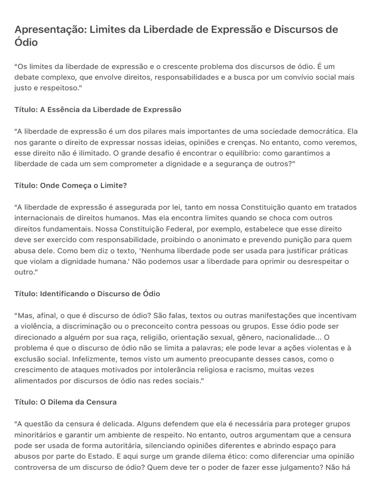 Limites da Liberdade de Expressão | PDF | Discurso de ódio | Liberdade ...