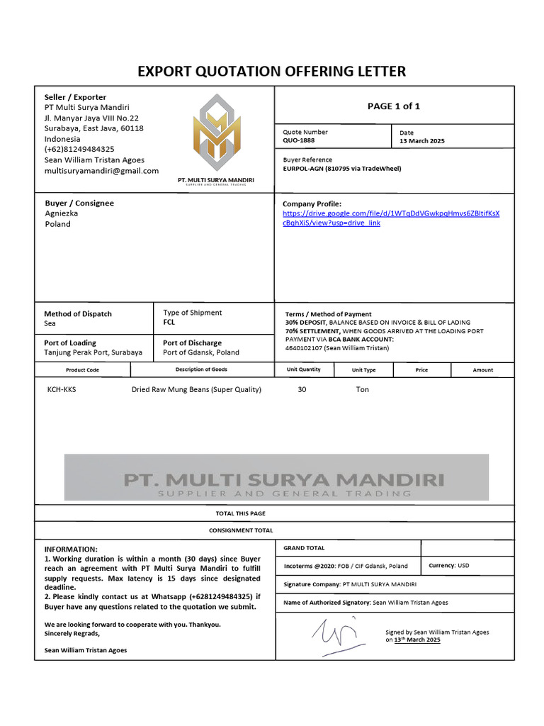 QUOTATION LETTER EXPORT AGNIEZKA | PDF | Trade | International Trade