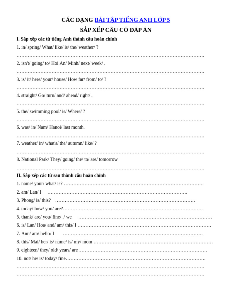 bai-tap-sap-xep-cau-tieng-anh-lop-5 | PDF | Vietnam