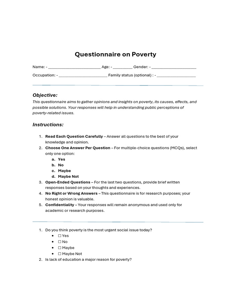 Poverty Insights Questionnaire | PDF | Poverty | Poverty & Homelessness