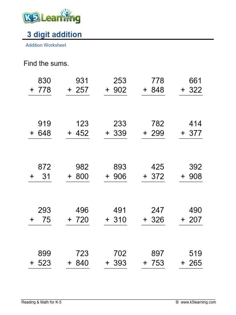 Addition Vertical 3digit A | PDF