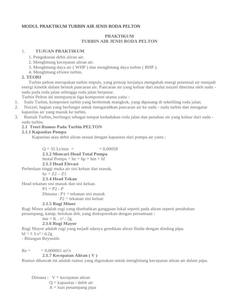 Modul Praktikum Turbin Air Jenis Roda Pelton | PDF