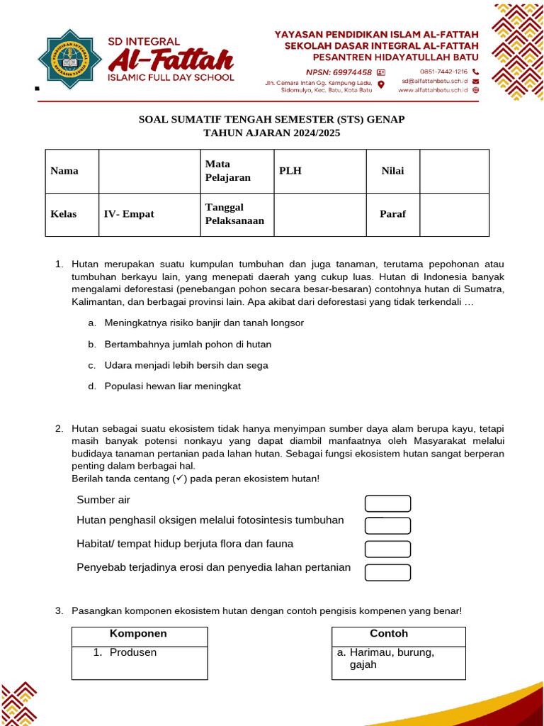 Soal Sts PLH Kelas 4 2024-2025 | PDF