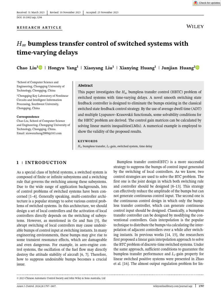 Asian Journal of Control - 2023 - Liu - H Bumpless Transfer Control of Switched Systems With ...