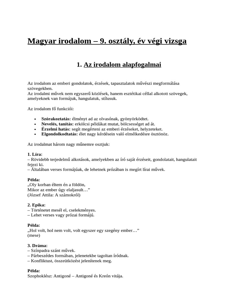 9.osztályos Év Végi Vizsga Irodalom | PDF