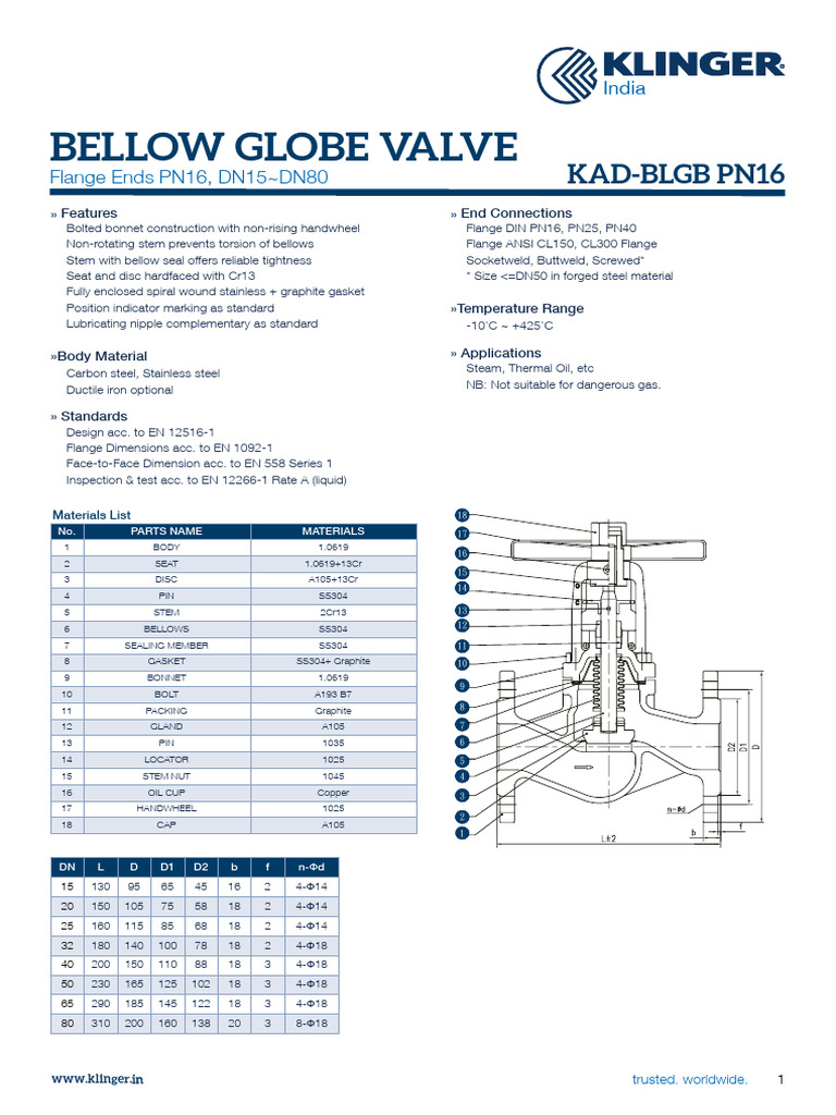 Klinger Globe Valve KAD BLGB Datasheet | PDF | Valve | Plumbing