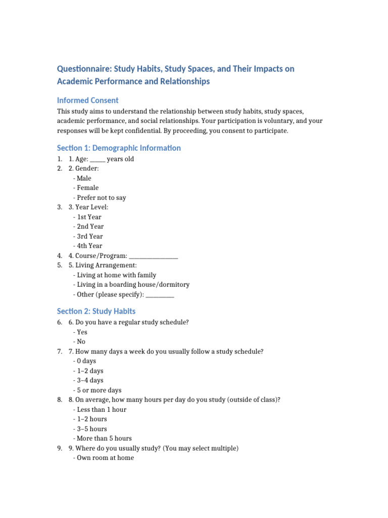 Study_Habits_Questionnaire | PDF | Psychology | Behavioural Sciences