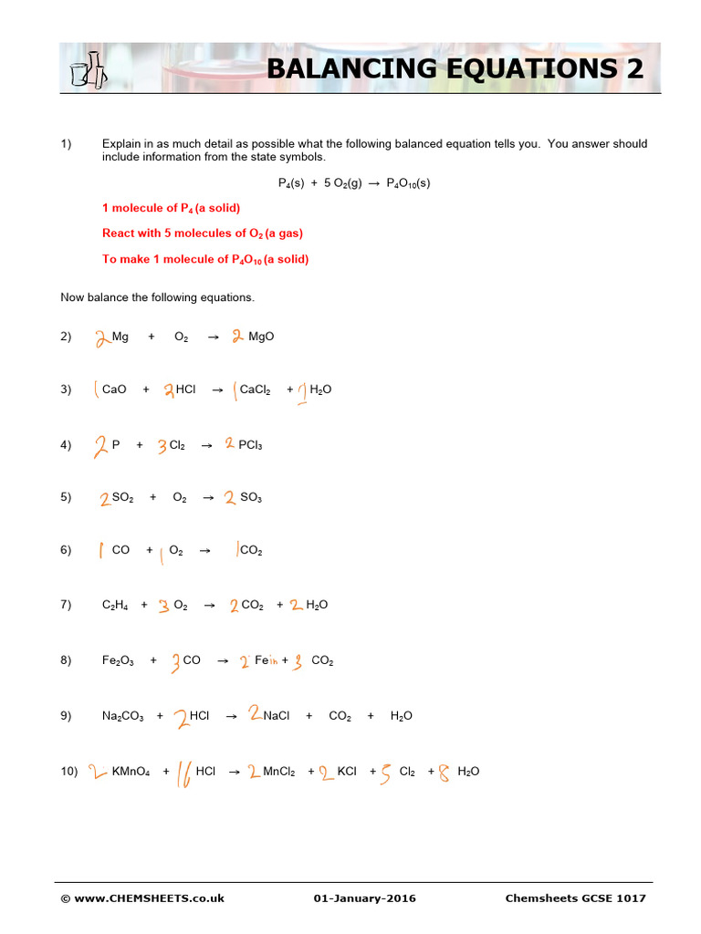 Chemsheets GCSE 1017 (Balancing Equations 2) ANS Nvalp | PDF