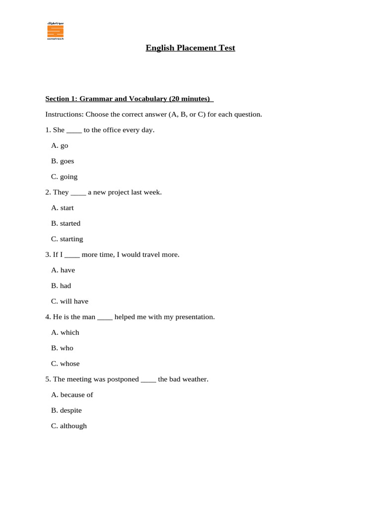 English Placement Test Overview | PDF | Reading Comprehension | Marketing