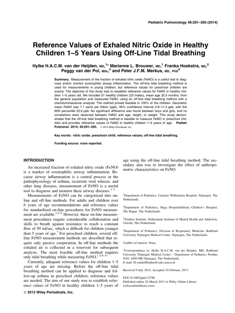 Reference values of exhaled nitric oxide in healthy children 1-5 years using off-line tidal ...