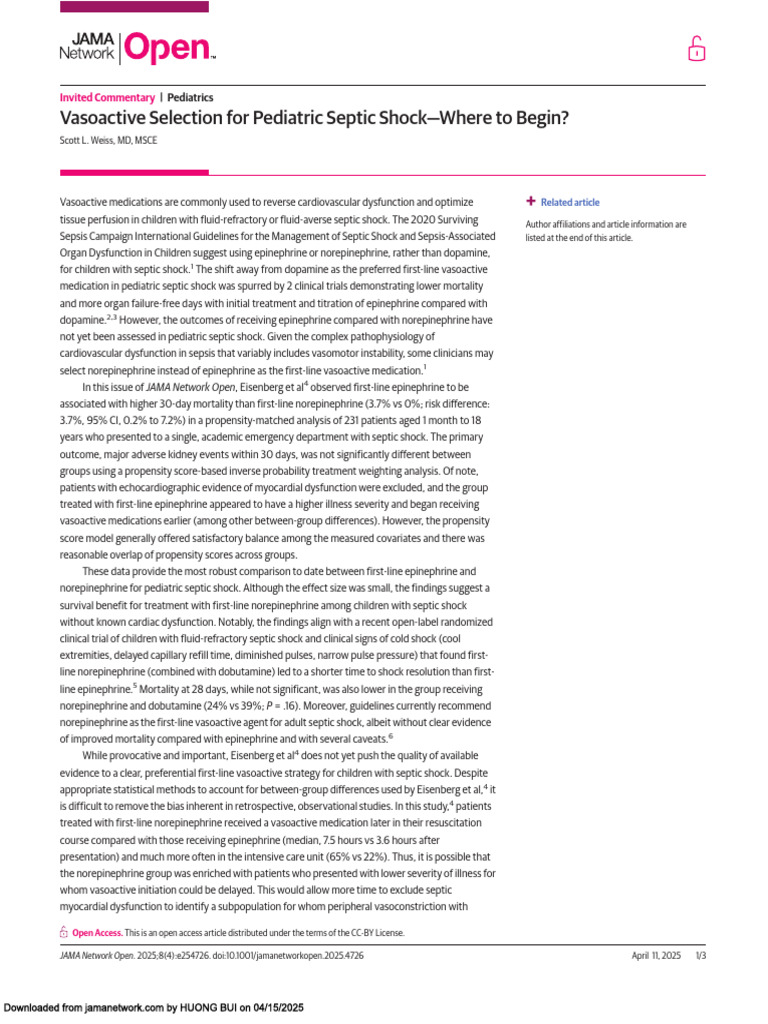 Vasoactive Selection For Pediatric Septic Shock-Where To Begin | PDF | Sepsis | Shock (Circulatory)