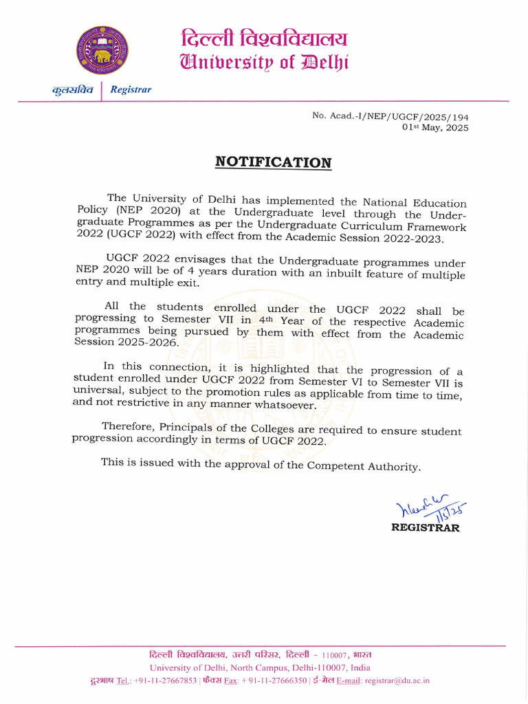 Notification UGCF 2022 Progression of Students To Semester VII | PDF