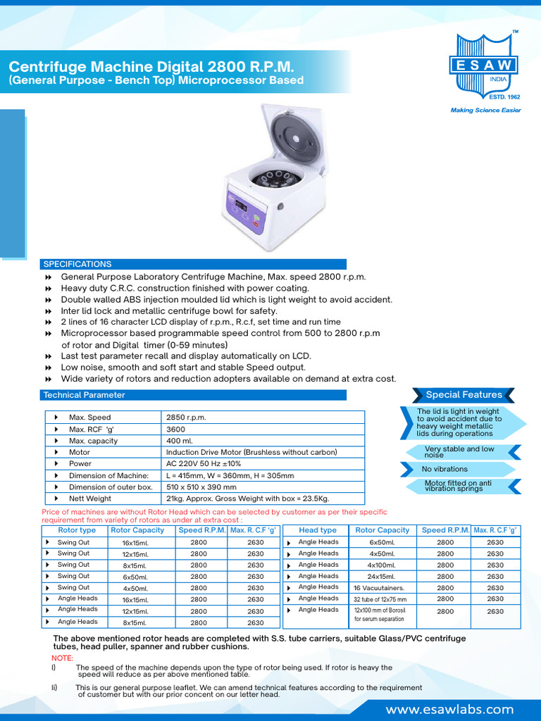 Digital Bench Top Centrifuge 2800 RPM | PDF | Electric Motor | Centrifuge