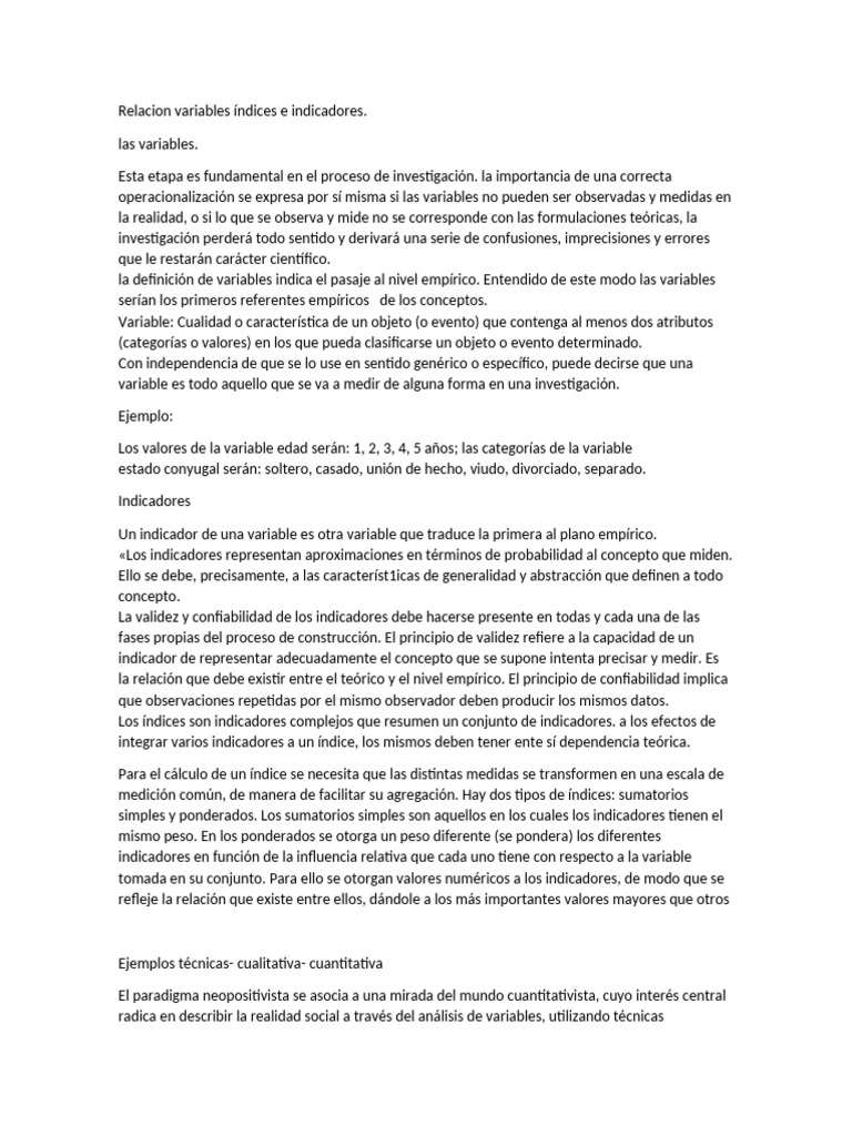 Relacion Variables Índices e Indicadores | PDF | Conocimiento | Teoría