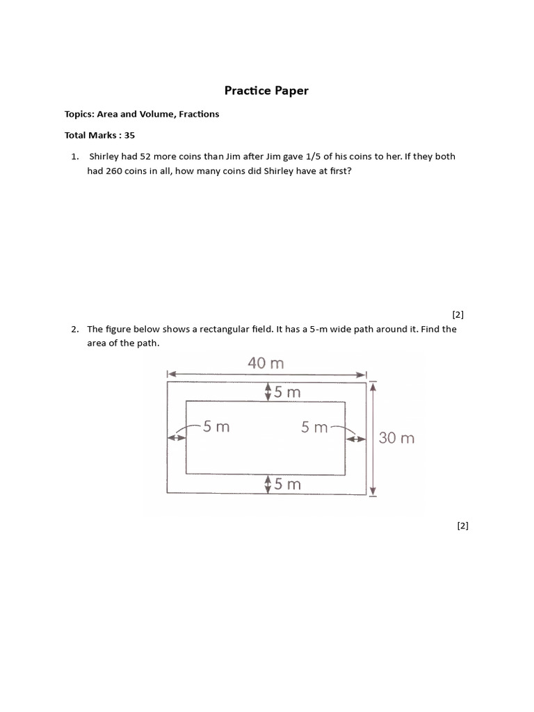 Math Practice Paper: Area, Volume, Fractions | PDF