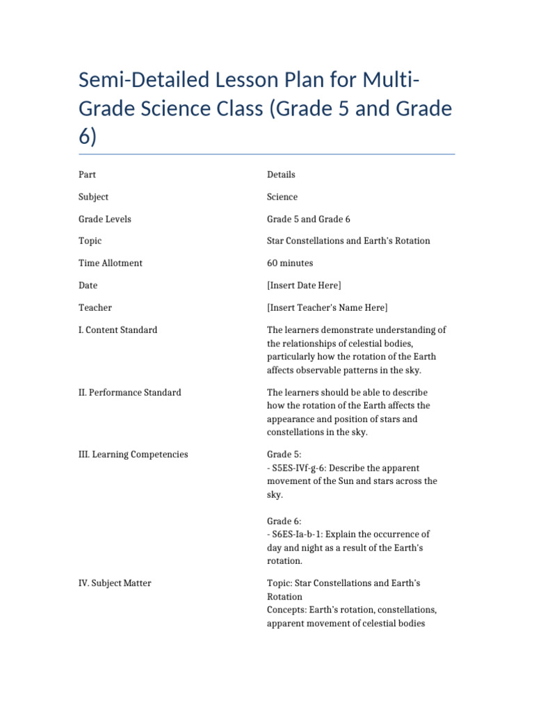 Multi-Grade_Science_Lesson_Plan_Table | PDF | Stars | Constellation