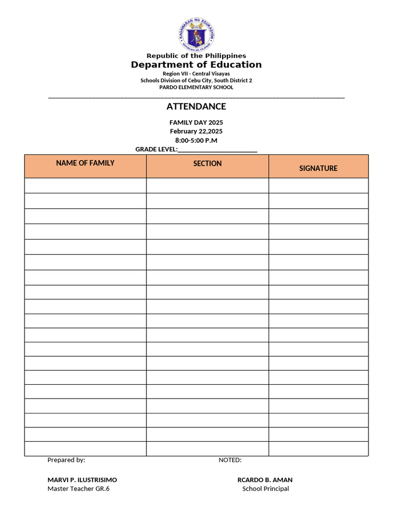 Family Day Attendance Sheet 2025 | PDF