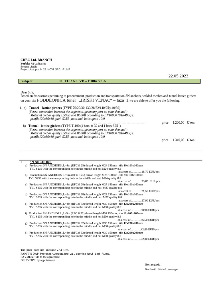OFFER 084.23 A .... CRBC LTD SERBIA NOVI SAD RUMA ... Fruška Gora | PDF ...
