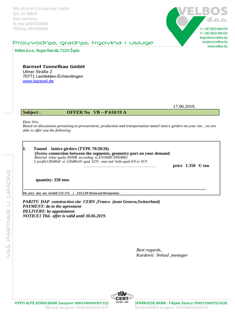 Baresel Tunnelbau GMBH Offer VB - 610 - 19 A ........... 17.06.2019. | PDF