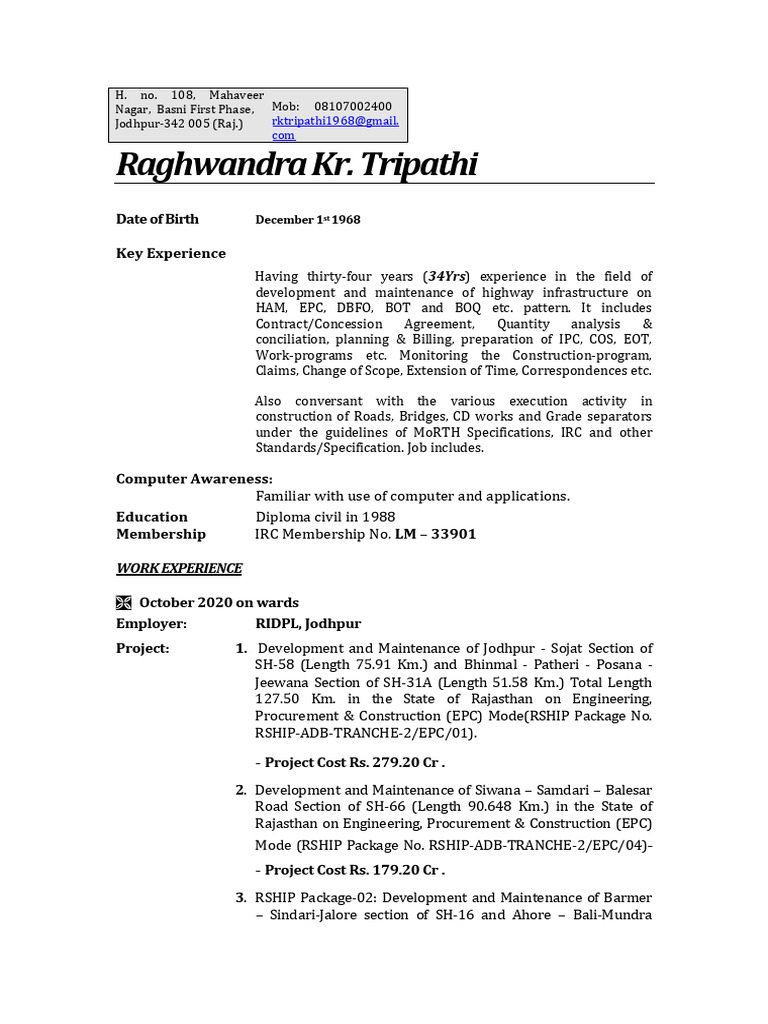 CV RK Tripathi GM-Projects CIVIL 30+Y | PDF | Surveying | Road Infrastructure