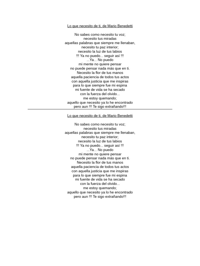 Lo Que Necesito de Ti, de Mario Benedetti | PDF