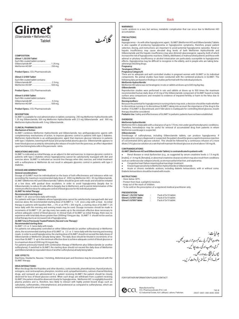 Leaflet Glimet Tablet Range | PDF | Hypoglycemia | Diabetes Management