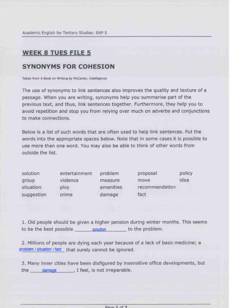 EAP5 Week 8 Tue F5 - Synonyms For Cohesion - NO ANSWERS | PDF