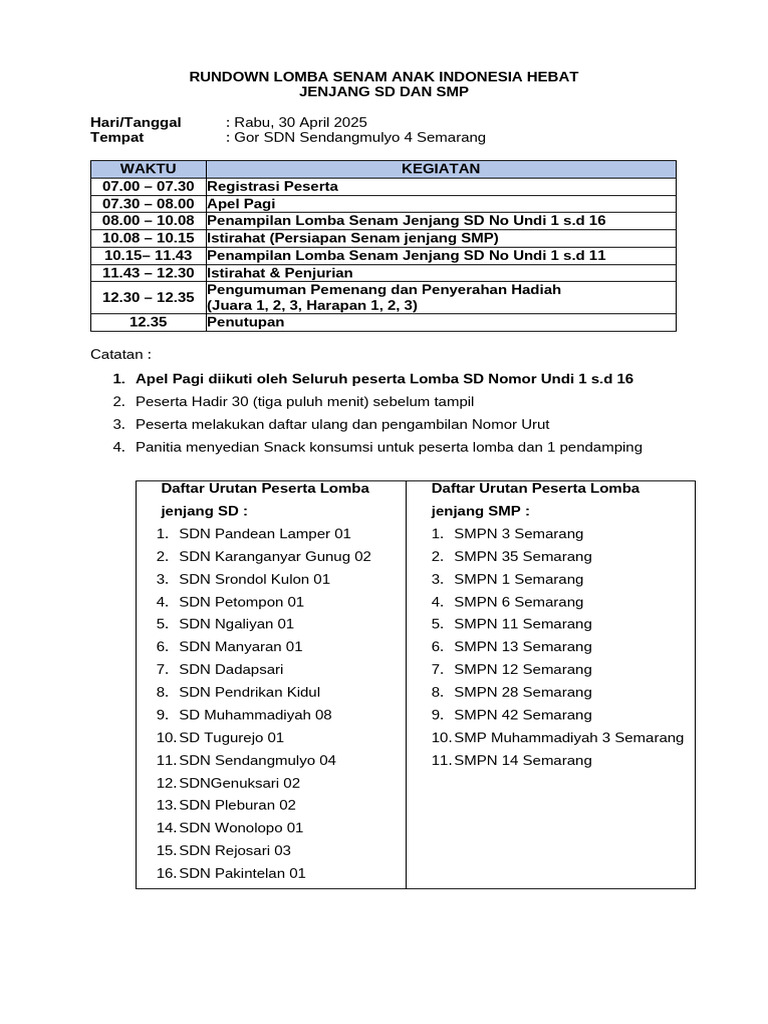 Rundown Lomba Senam Anak Indonesia Hebat | PDF
