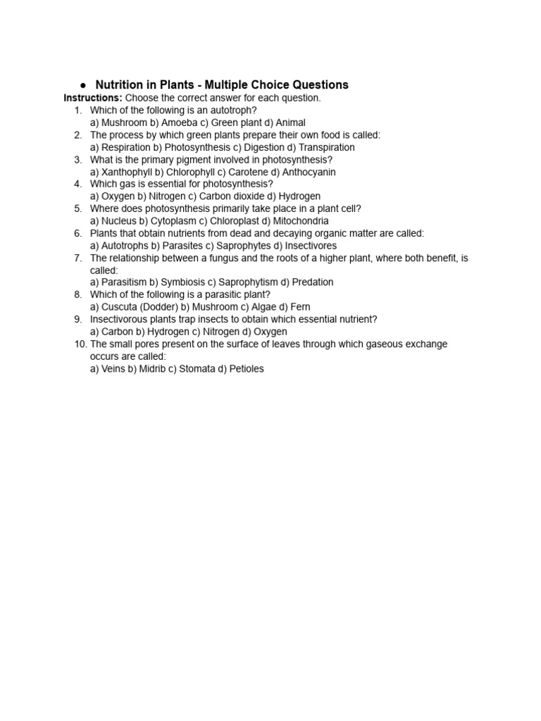 Worksheet On Chapter Nutrition in Plants MCQ (10 Q... | PDF
