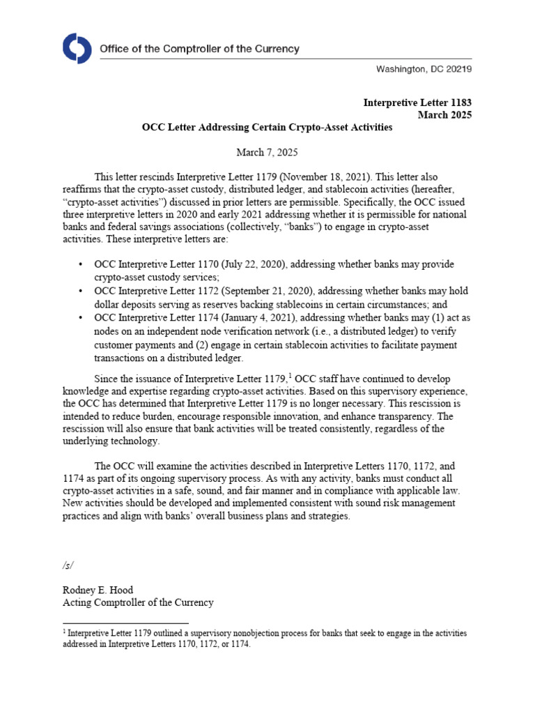 Occ Letter | PDF | Banks | Office Of The Comptroller Of The Currency