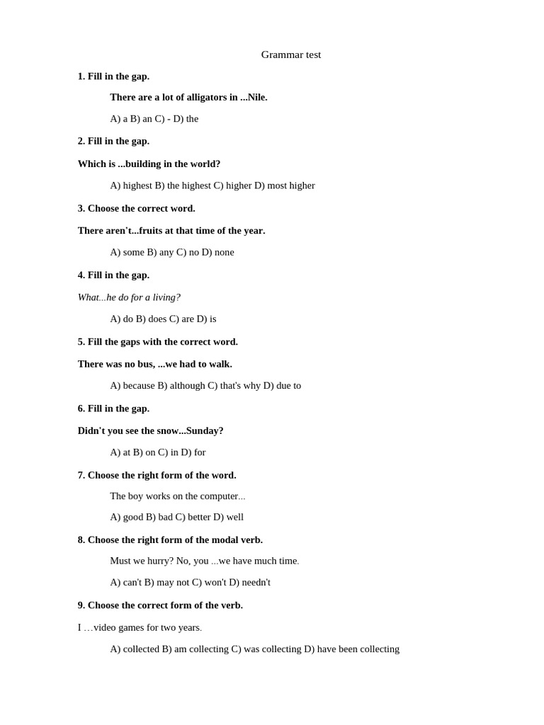 Grade 10 Grammar Test Questions | PDF