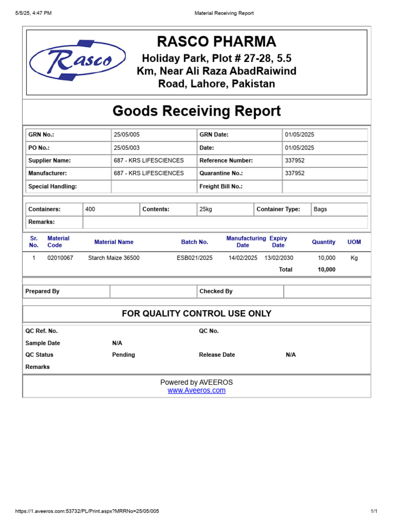 Goods Receiving Report for RASCO PHARMA | PDF