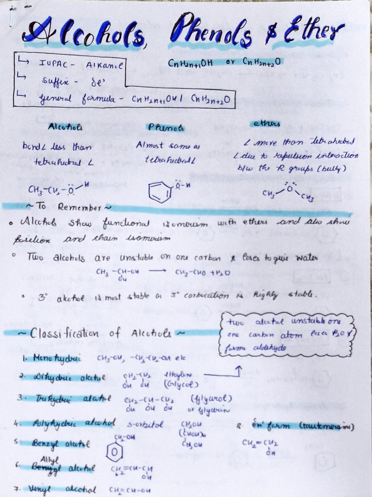 Alcohols, Phenols and Ether Short Notes. | PDF | Chemical Compounds ...