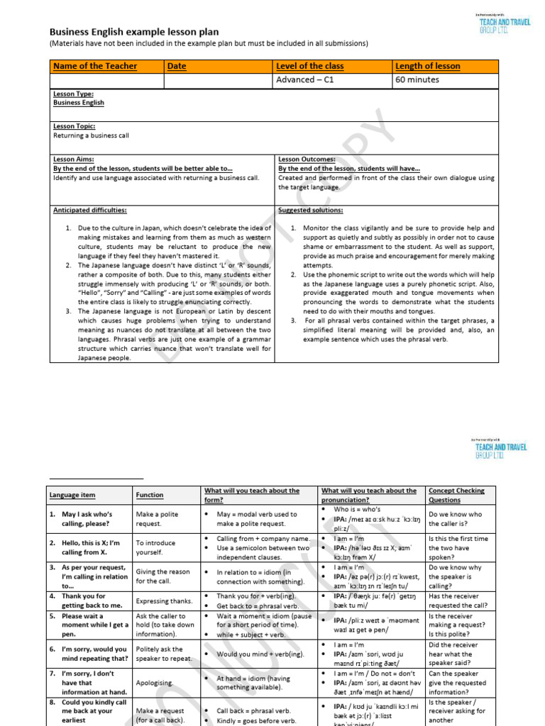 6.example Lesson Plan Business English | PDF | Semantics | Translations