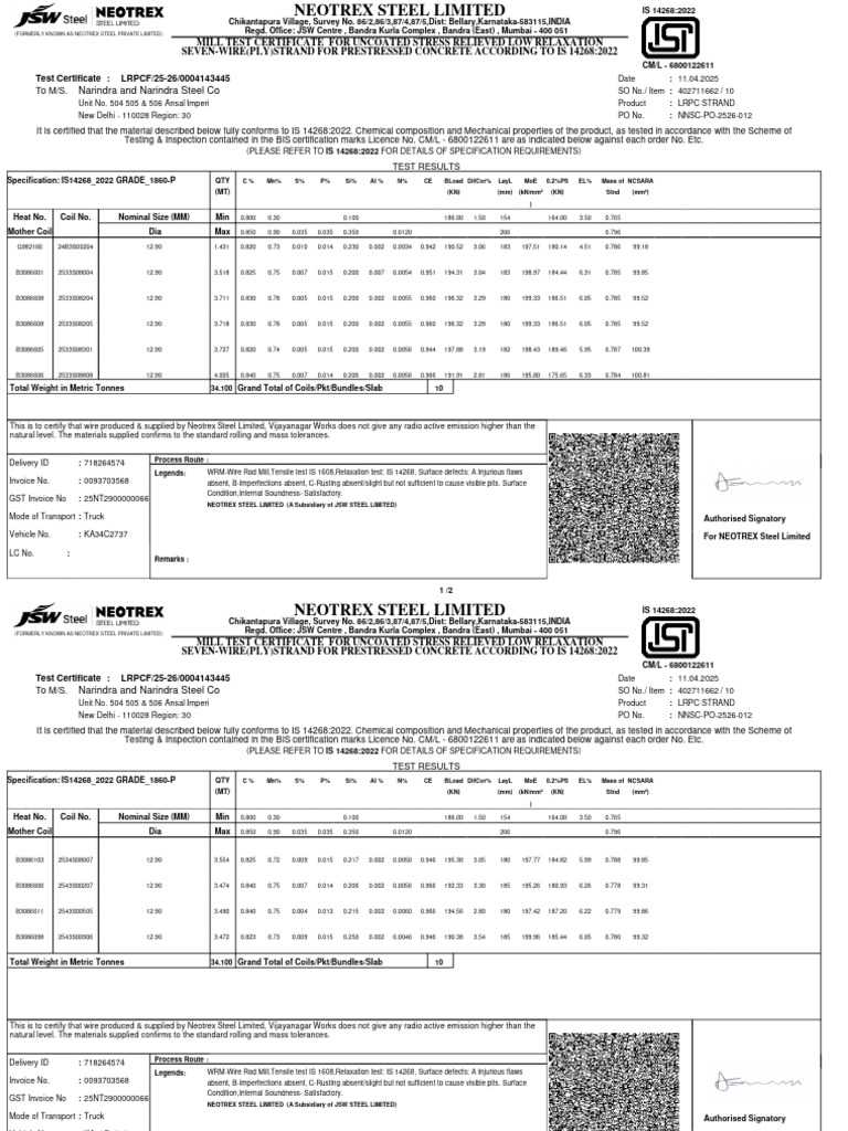 Neotrex Steel Limited Test Certificate | PDF | Steel