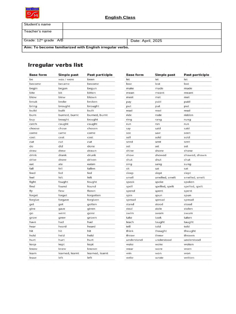irregular verb list | PDF