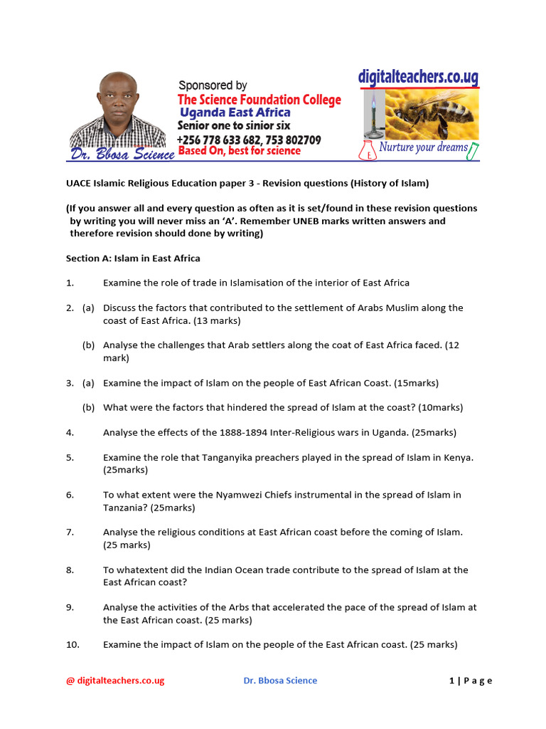 UACE Islamic Religious Education Paper 4 Revision Questions Islam in ...